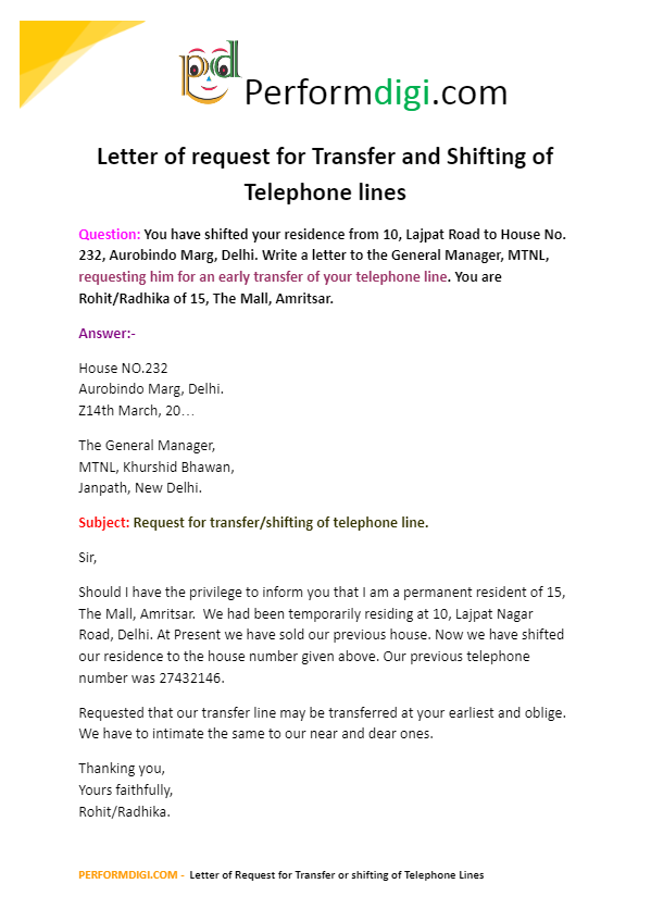 Letter of Request for Transfer of Telephone Lines – PERFORMDIGI