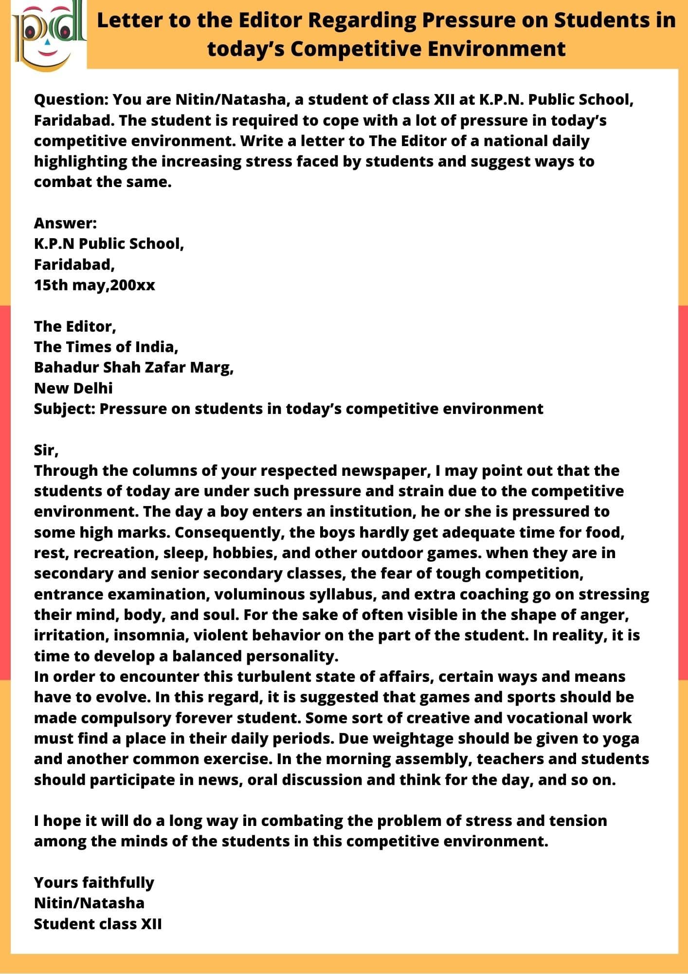 Letter for Pressure on Students in today’s Competitive Environment