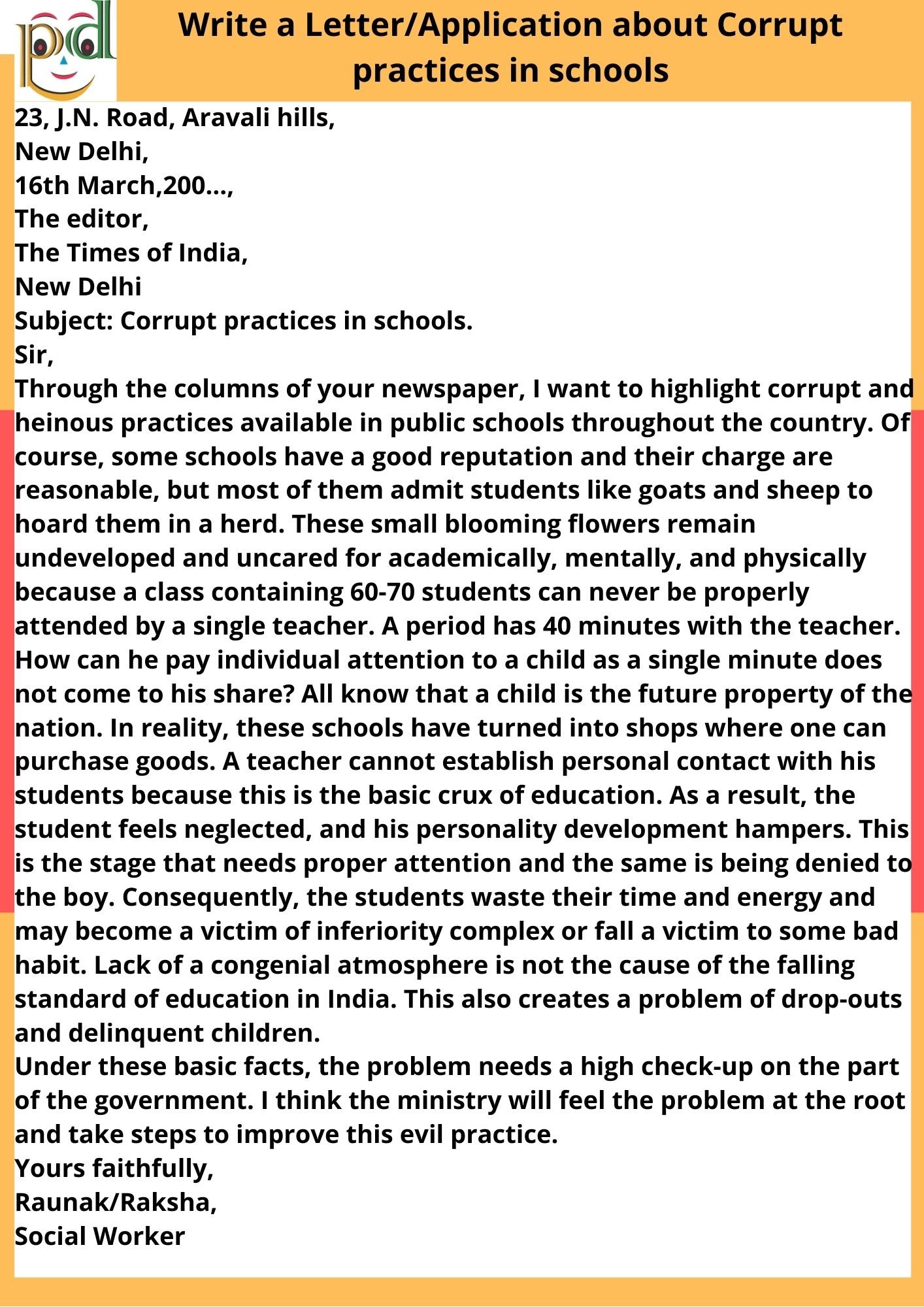Write a Letter/Application about Corrupt practices in schools