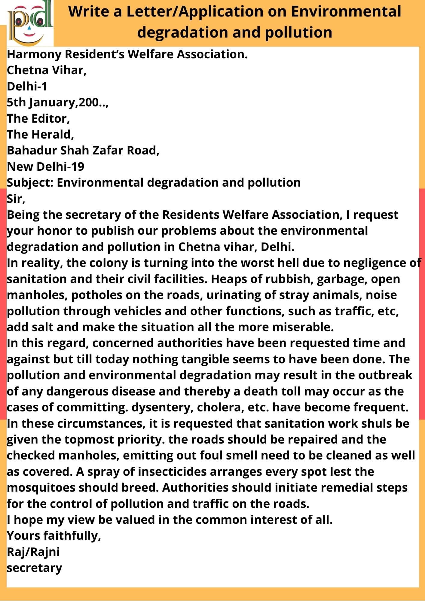 Write a Letter/Application on Environmental degradation and pollution