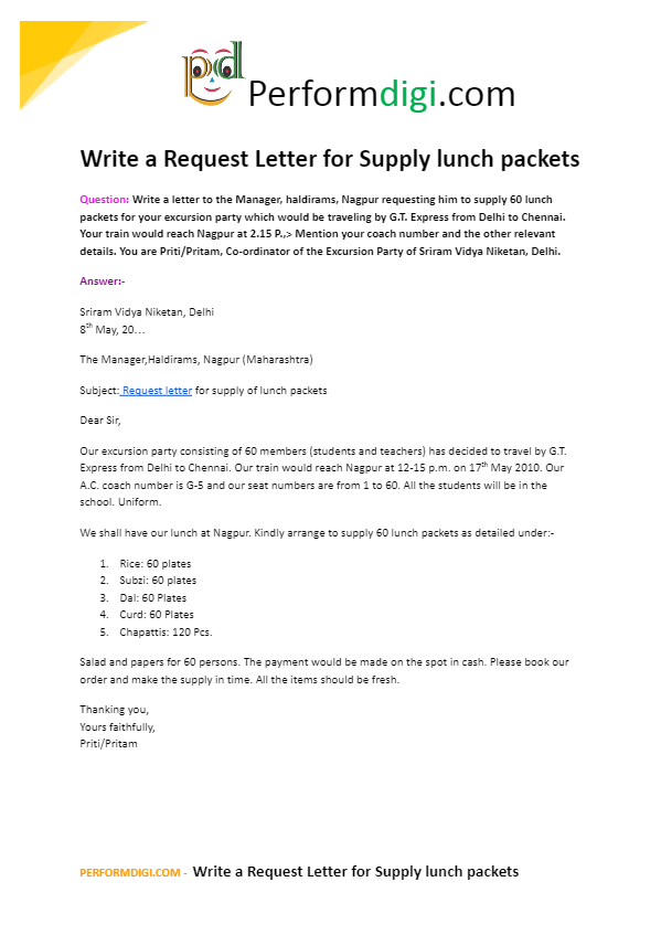 Write a Request Letter for the Supply of Lunch Packets – PERFORMDIGI