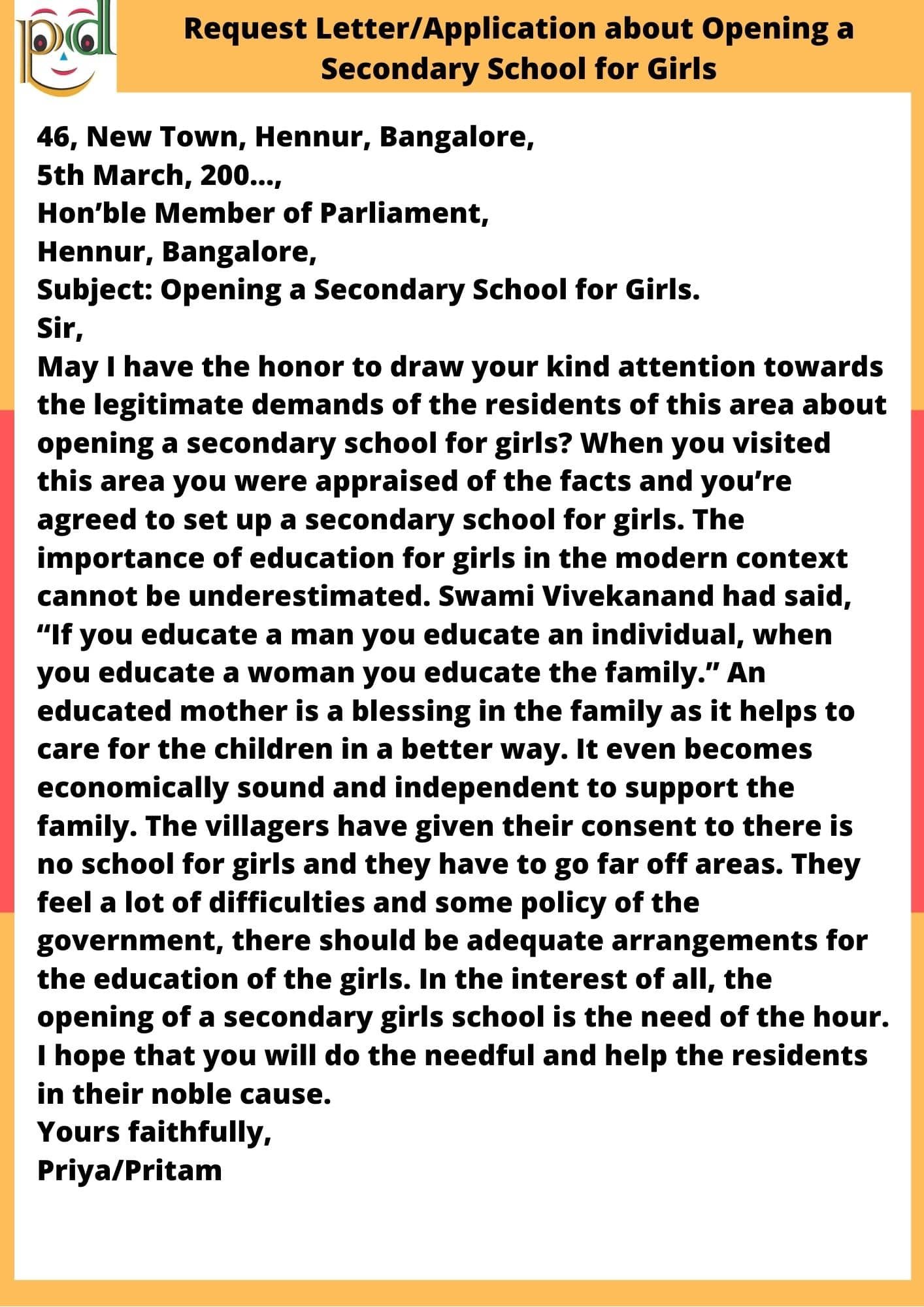 Request Letter/Application about Opening a Secondary School for Girls