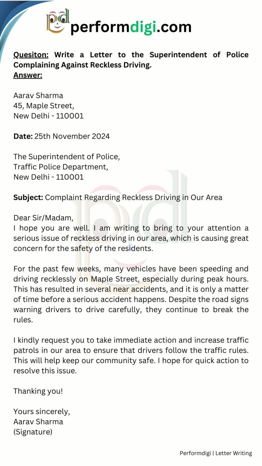 Write a Letter to the Superintendent of Police Complaining Against ...